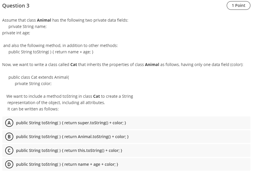 Solved Question 3 1 Point Assume that class Animal has the | Chegg.com