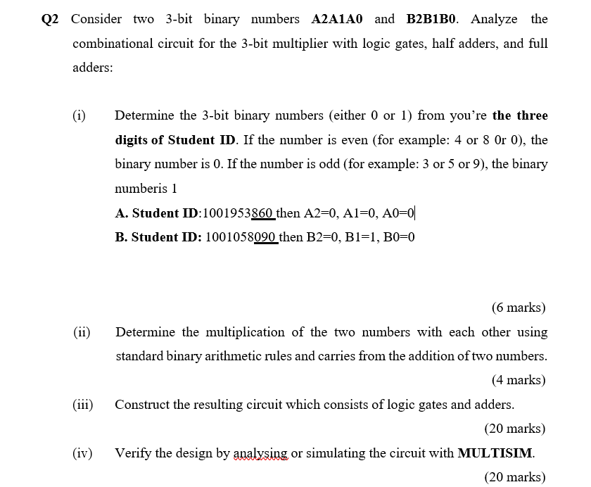 Q2 Consider two 3-bit binary numbers A2A1A0 and | Chegg.com