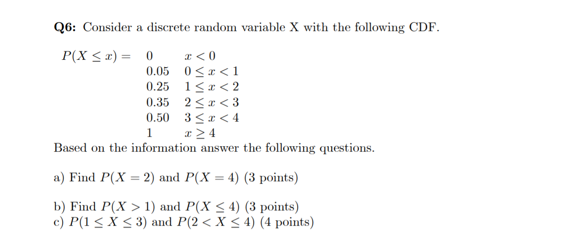Solved Q6: Consider a discrete random variable X with the | Chegg.com