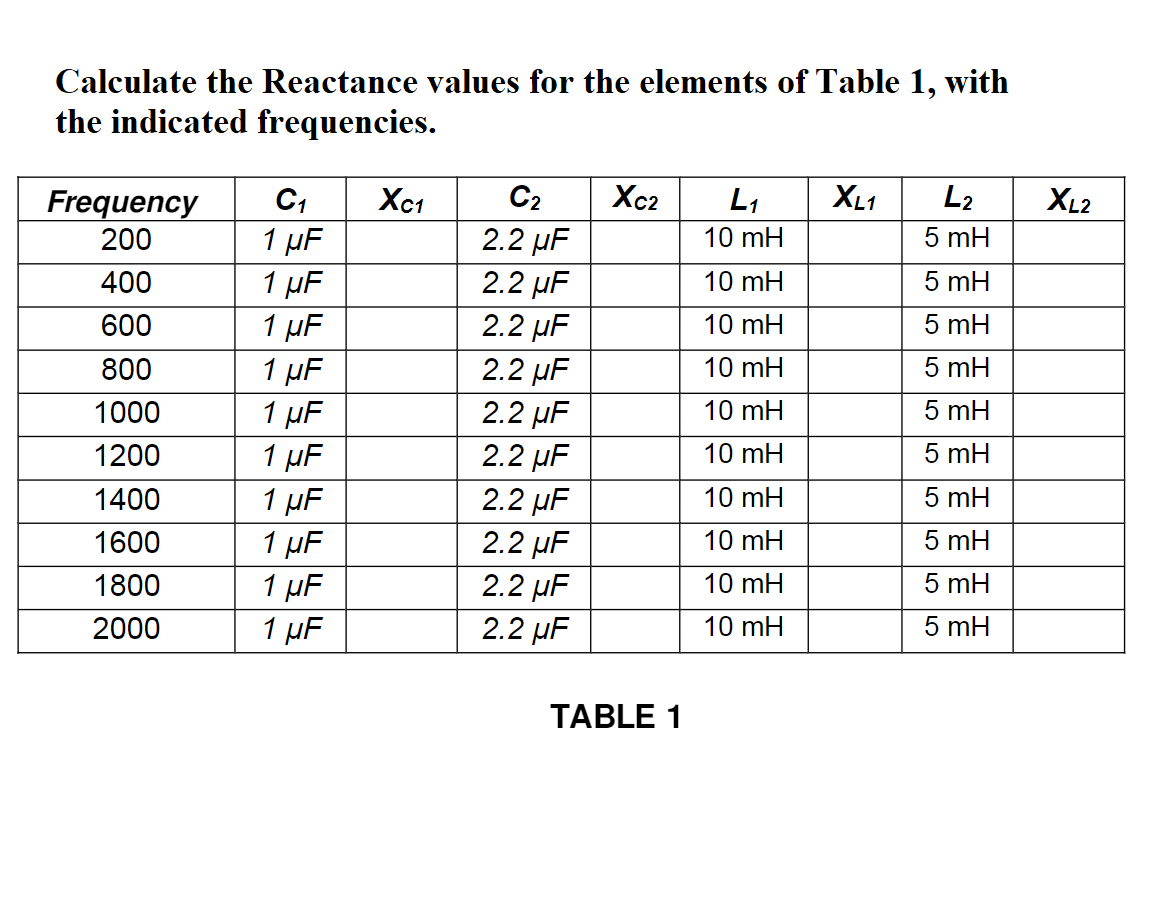 Solved Calculate the Reactance values for the elements of | Chegg.com