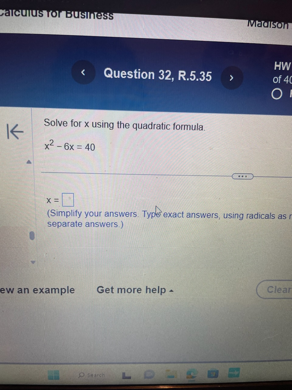 Solved Solve for x ﻿using the quadratic formula.x2-6x=40x= | Chegg.com