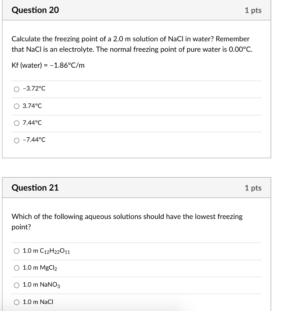 Solved Question 20 1 pts Calculate the freezing point of a | Chegg.com