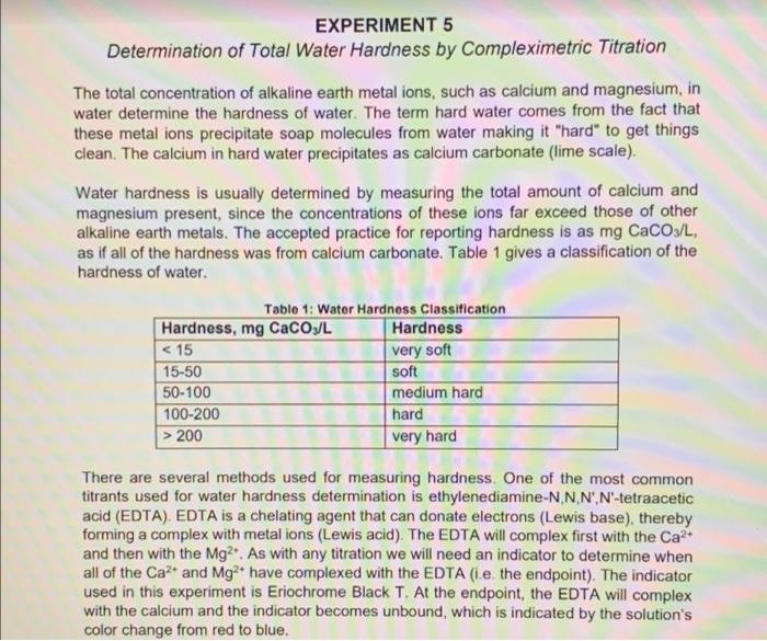 Solved EXPERIMENT 5 Determination of Total Water Hardness by | Chegg.com