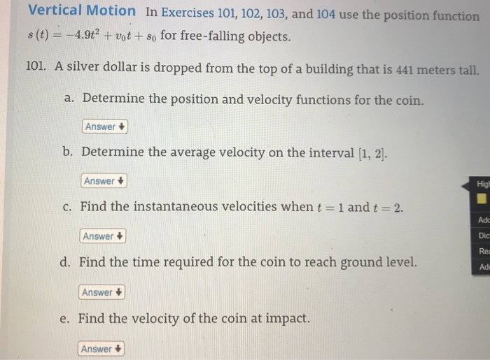Solved Vertical Motion In Exercises 101, 102, 103, and 104 | Chegg.com