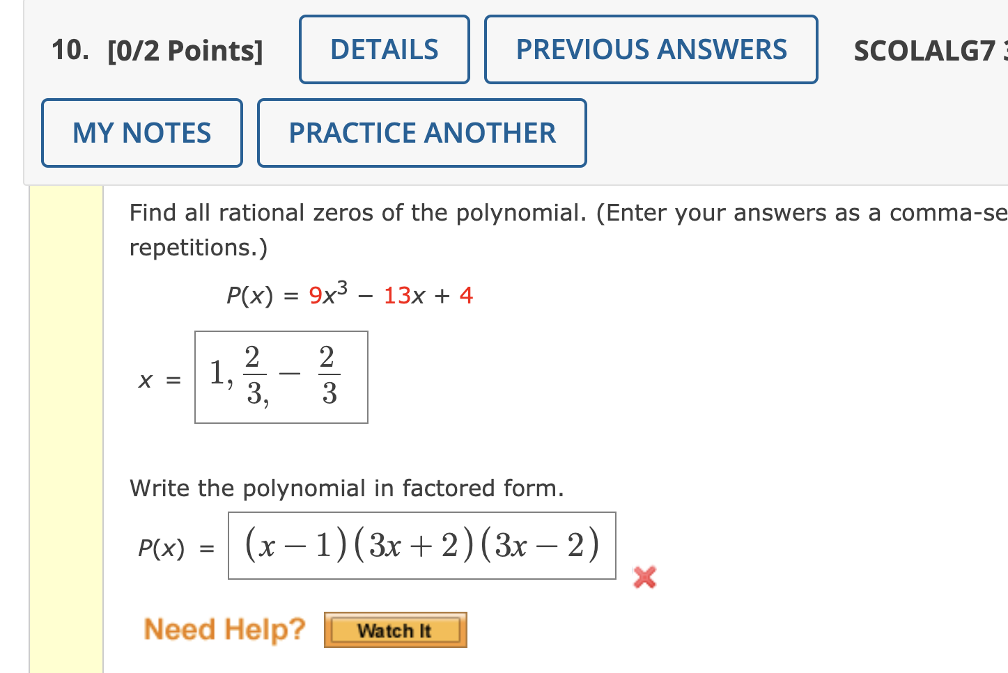 Solved 10. [0/2 Points] DETAILS PREVIOUS ANSWERS SCOLALG7 MY | Chegg.com