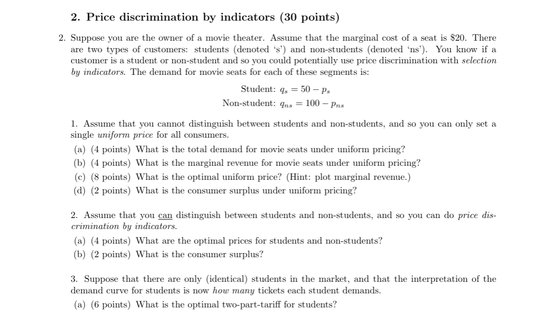 Solved 2. Price discrimination by indicators ( 30 points) 2. | Chegg.com