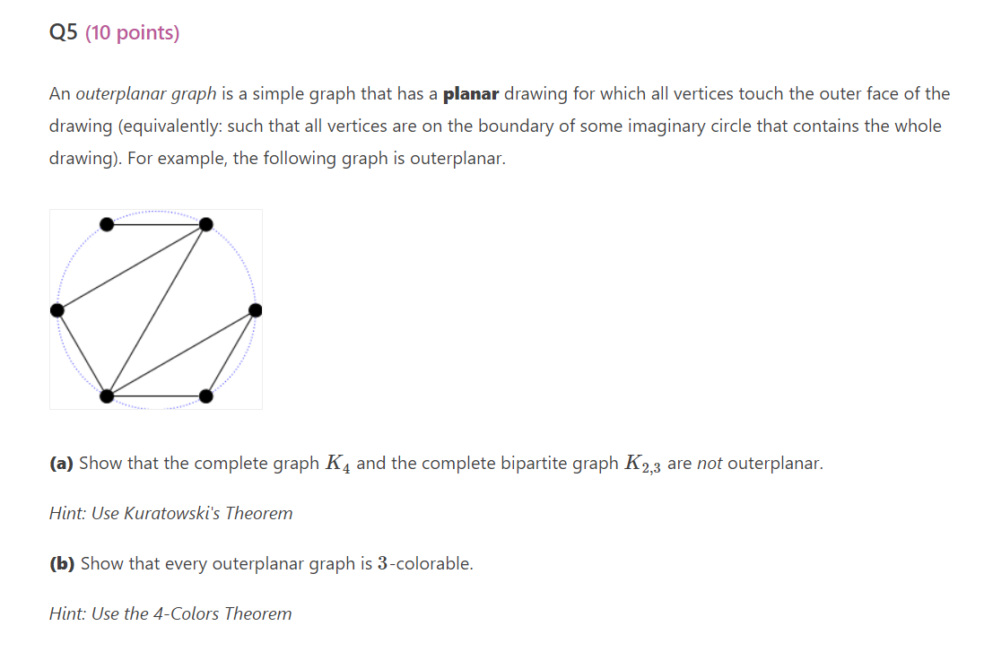 Solved Q5 (10 points) An outerplanar graph is a simple graph | Chegg.com