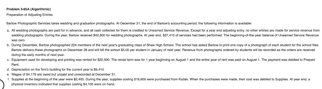 Solved Problem 3-65A (Algorithmic) Preparation of Adjusting | Chegg.com