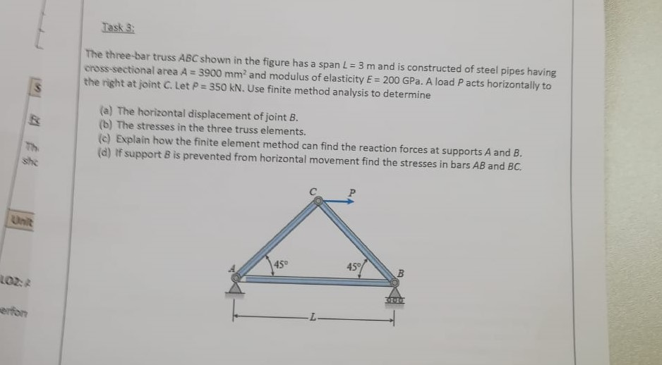 Solved Task 3: The three-bar truss ABC shown in the figure | Chegg.com