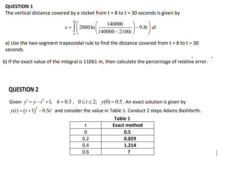 Solved QUESTION 1 The vertical distance covered by a rocket | Chegg.com