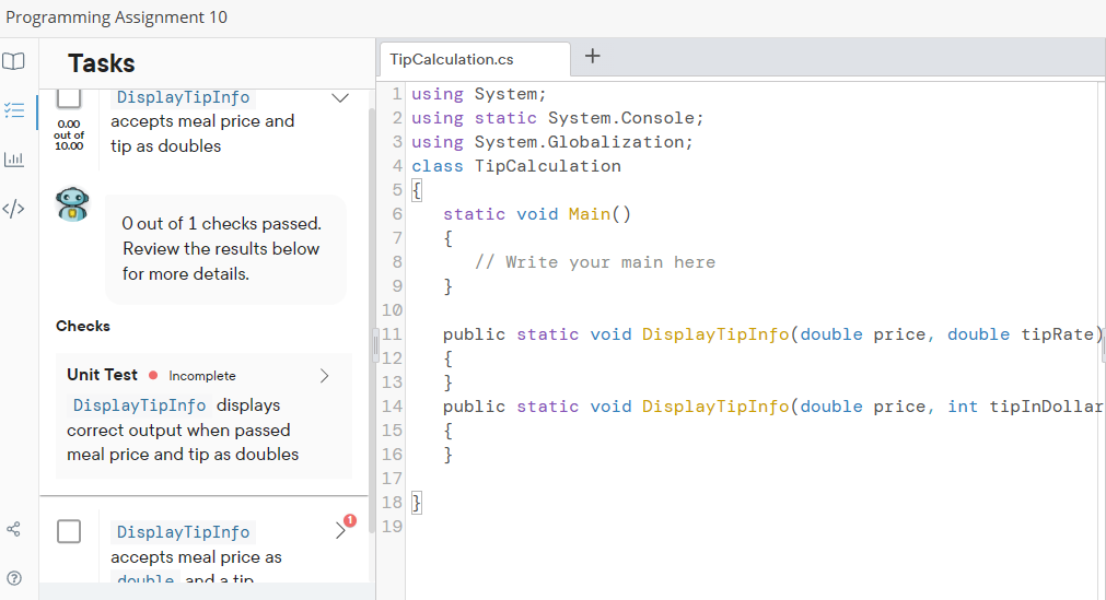 Solved Programming Assignment 100 ﻿out of 1 ﻿checks | Chegg.com