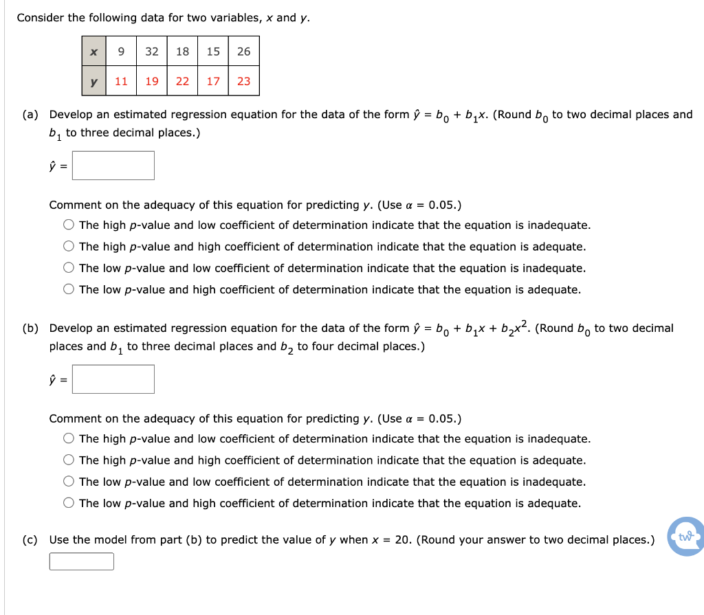 Solved Consider the following data for two variables, x and | Chegg.com