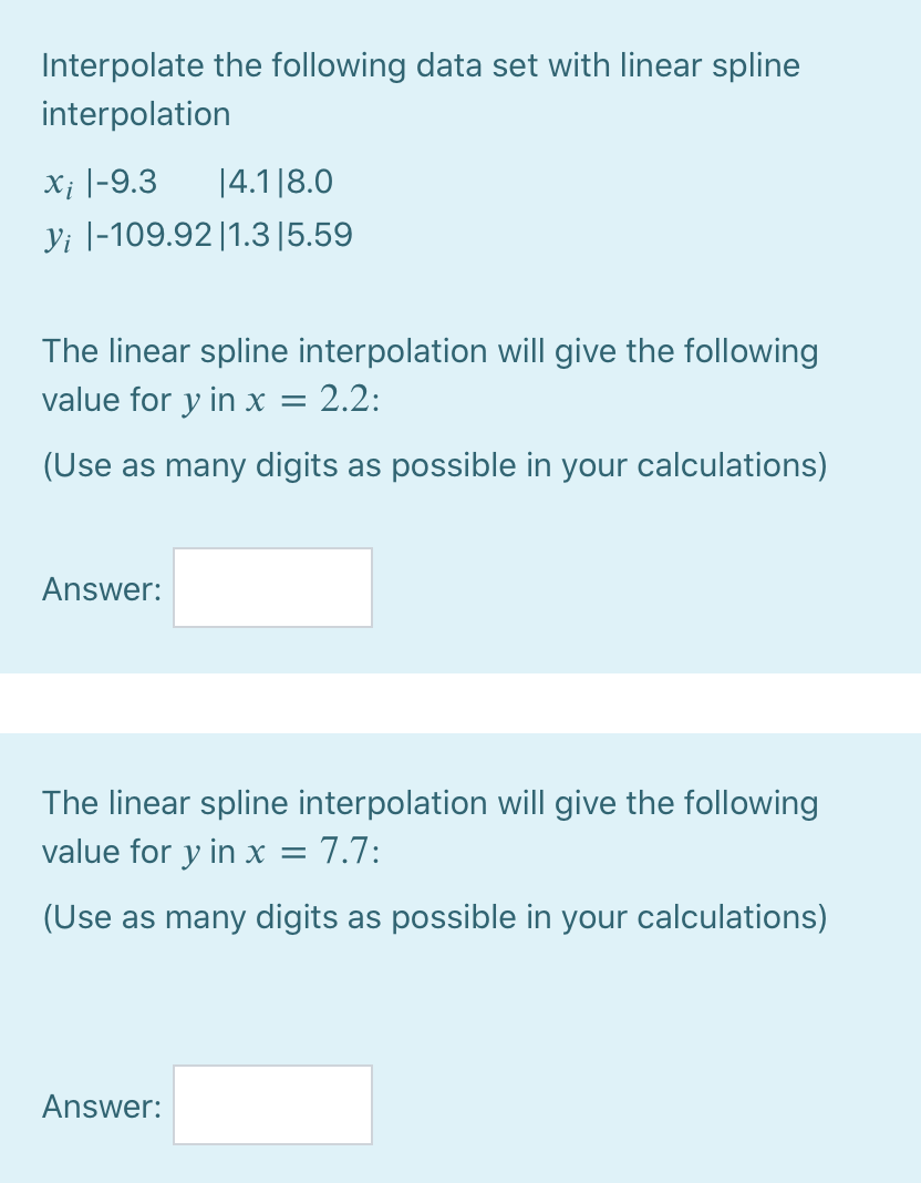 Solved Interpolate the following data set with linear spline | Chegg.com