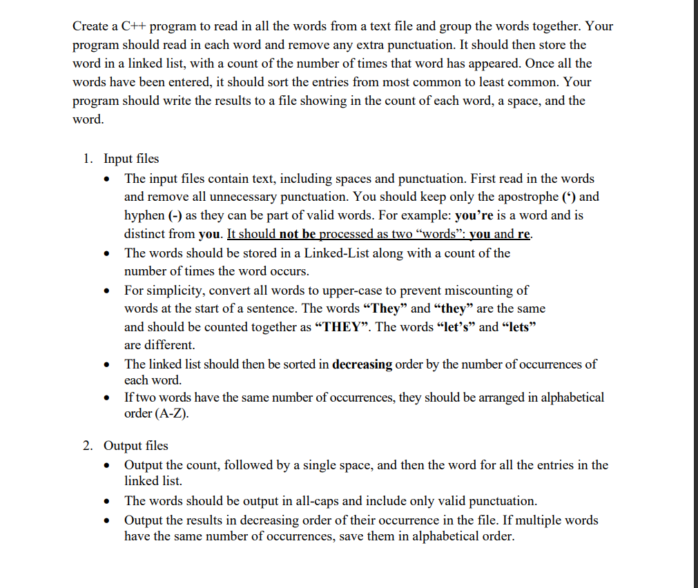 Solved Create a C++ program to read in all the words from a | Chegg.com