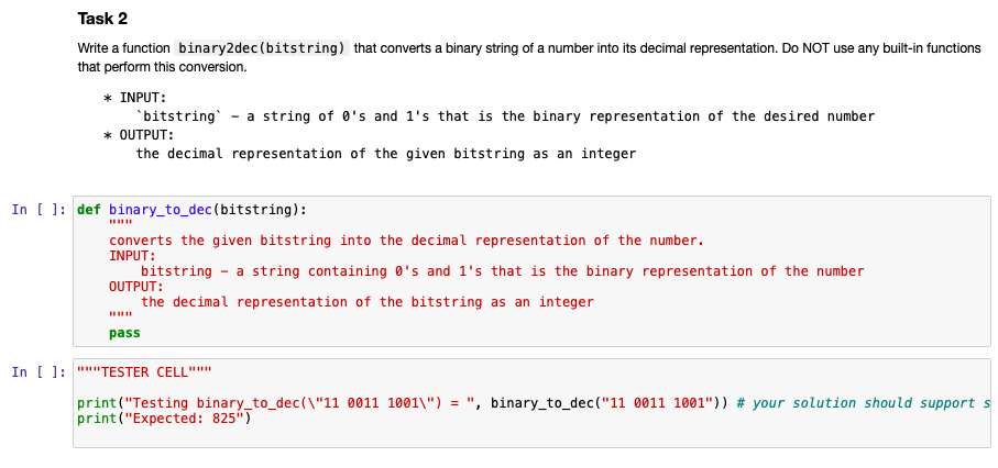 Solved Task 2 Write A Function Binary2decbitstring That 8467