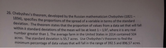 Solved 26. Chebyshev's theorem, developed by the Russian | Chegg.com
