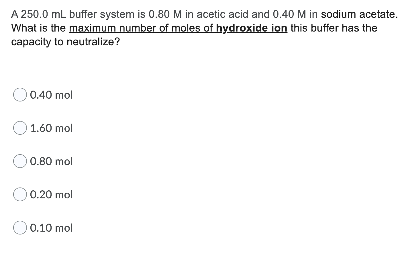 Solved A 250.0 mL buffer system is 0.80 M in acetic acid and | Chegg.com