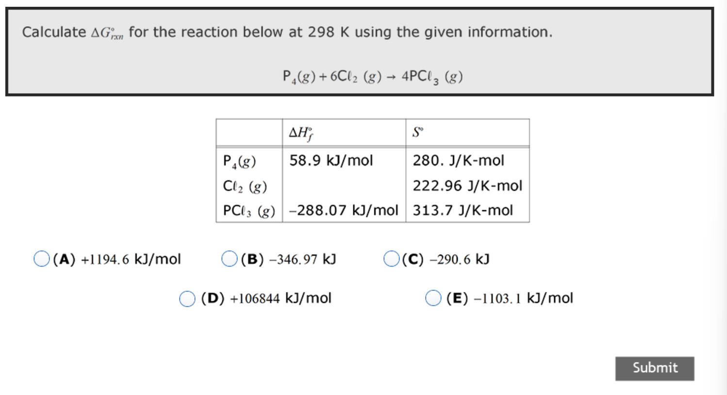 Solved Calculate ΔGrxn∘ for the reaction below at 298 K | Chegg.com