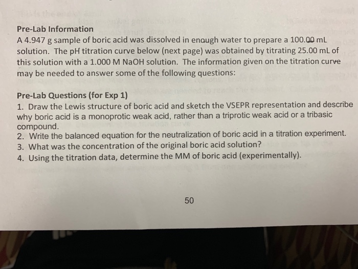 Solved Pre-Lab Information A 4.947 g sample of boric acid | Chegg.com