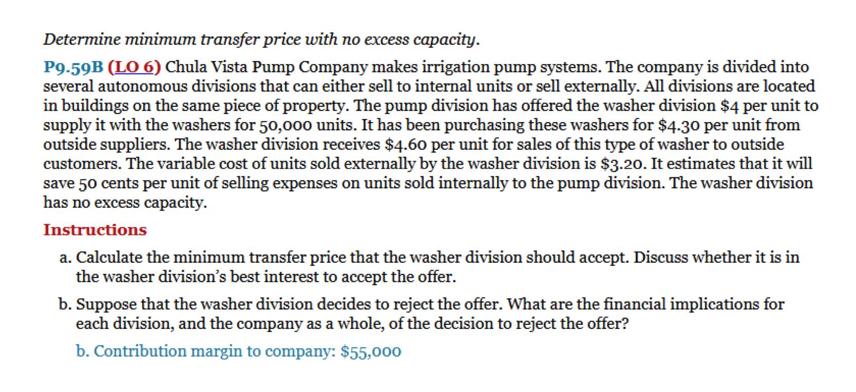 Solved Determine minimum transfer price with no excess | Chegg.com