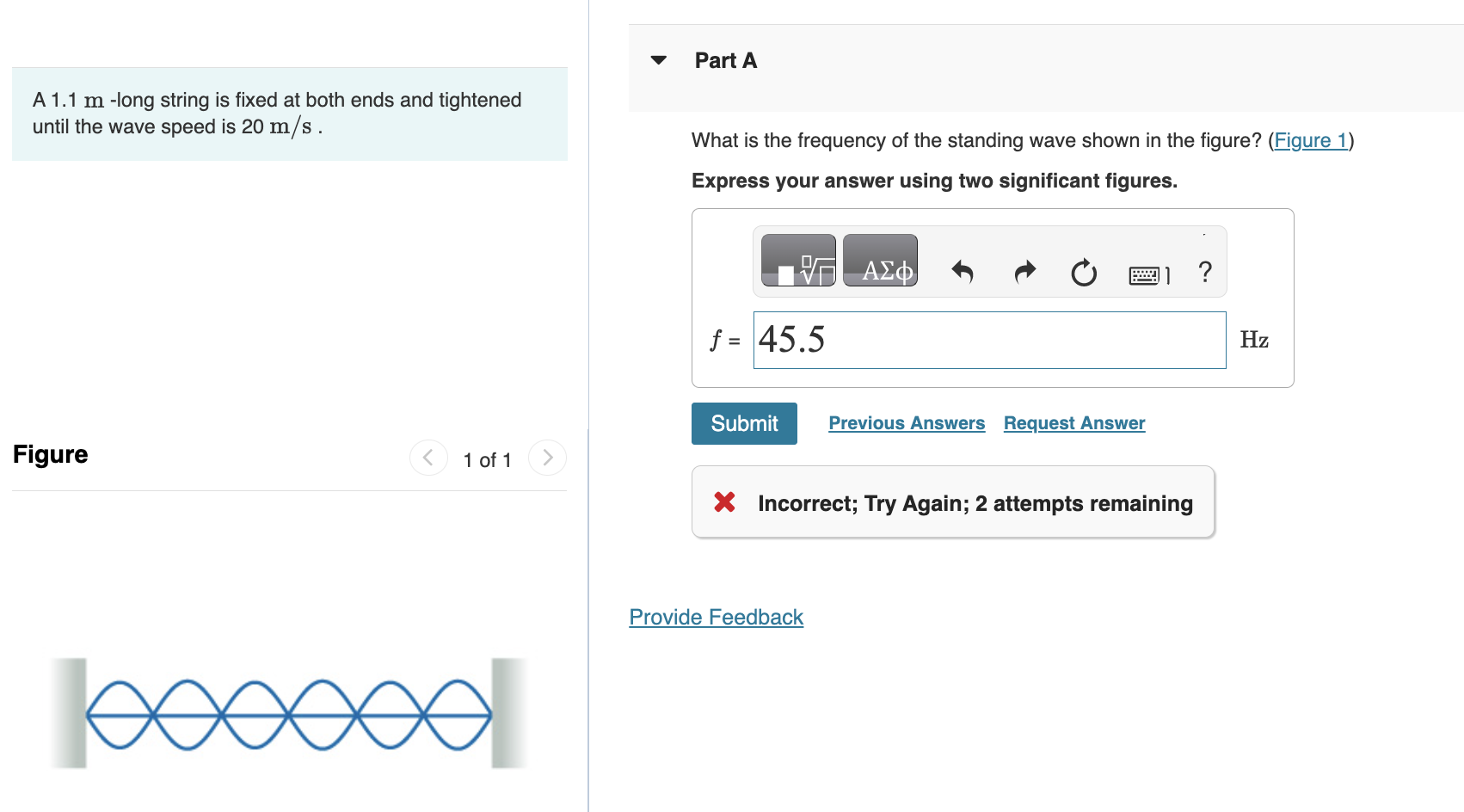 Solved A 1.1 m-long string is fixed at both ends and | Chegg.com