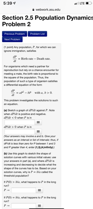 Solved 5 39 1 Lte Section 2 5 Population Dynamics Problem 2