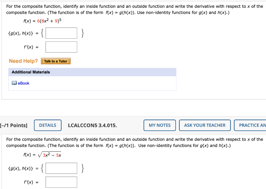 Solved For the composite function, identify an inside | Chegg.com