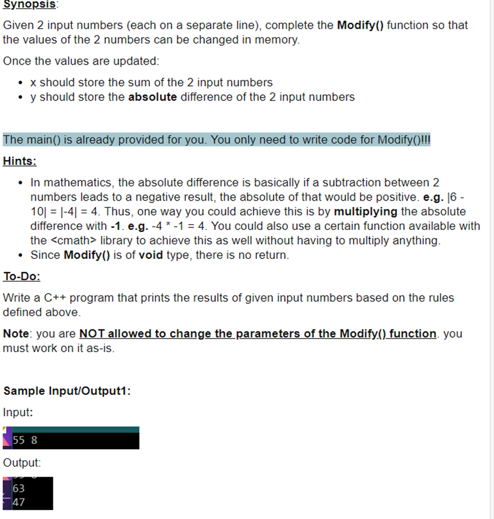 Solved Synopsis Given 2 input numbers (each on a separate | Chegg.com
