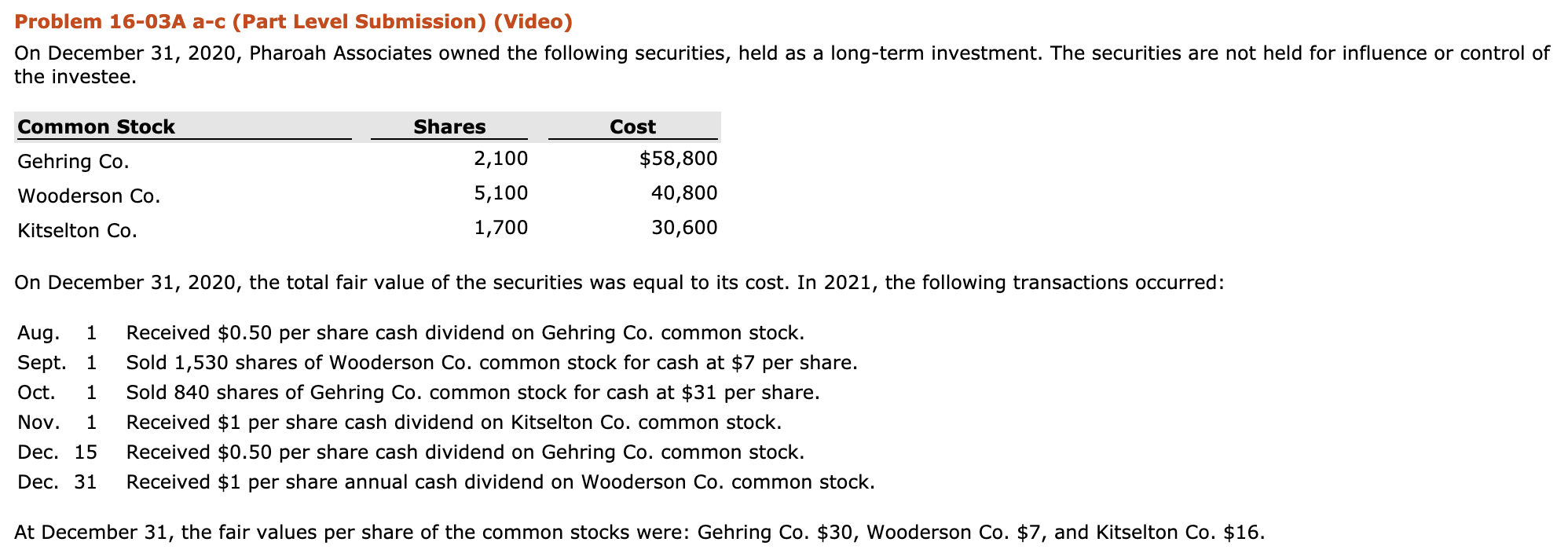 Solved Problem 16-03A a-c (Part Level Submission) (Video) On | Chegg.com