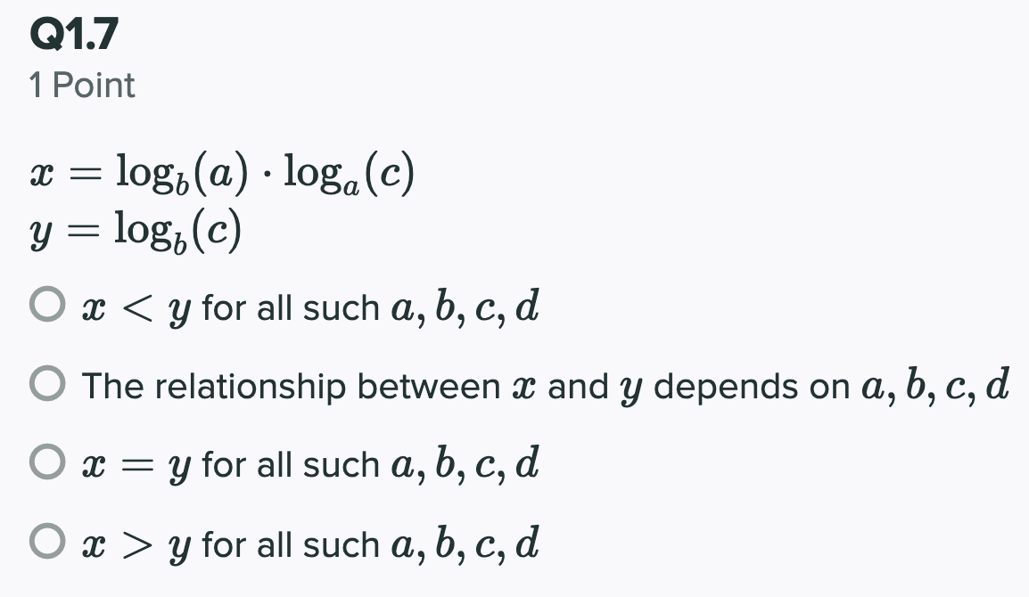 Solved Q1 Comparing Logs 8 Points For each subquestion below | Chegg.com