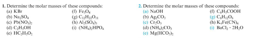Solved 1. Determine the molar masses of these compounds: 2. | Chegg.com