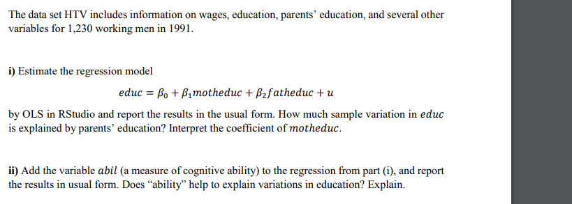 Solved The data set HTV includes information on wages, | Chegg.com