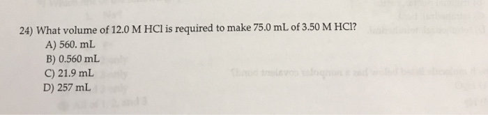 Solved What volume of 12.0 M HCI is required to make 75.0 mL | Chegg.com