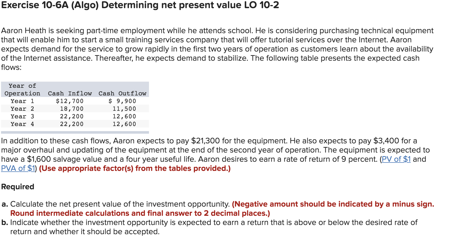 Exercise 10-6A (Algo) Determining net present value | Chegg.com