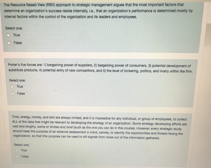 Solved The Resource Based View (RBV) approach to strategic | Chegg.com