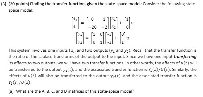 Solved (3) (20 points) Finding the transfer function, given | Chegg.com
