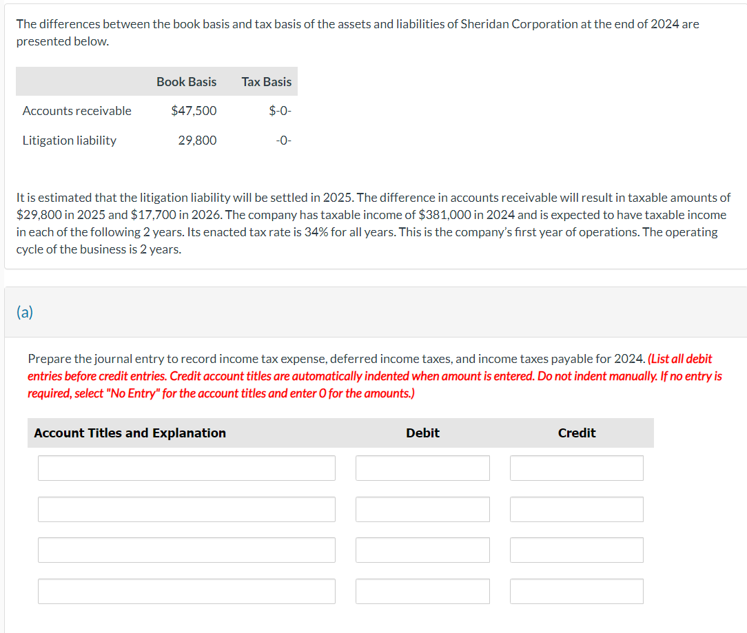 Solved The differences between the book basis and tax basis | Chegg.com
