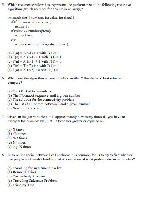 Solved 5. Which recurrence below best represents the | Chegg.com
