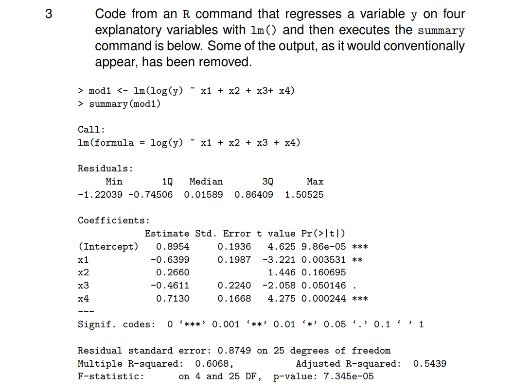 3 Code from an R command that regresses a variable y | Chegg.com