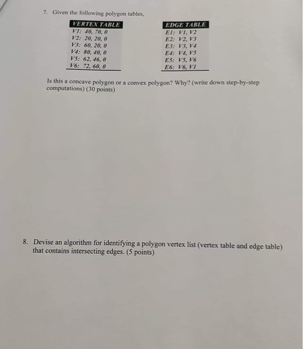 Solved 7. Given the following polygon tables, VERTEX TABLE | Chegg.com