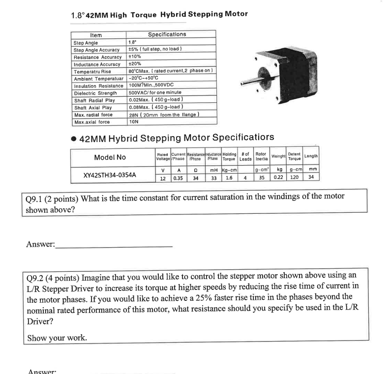 Solved 42MM Hybrid Stepping Motor SpecificatiorsQ9.1 (2 | Chegg.com