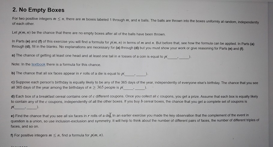 Solved 2. No Empty Boxes For two positive integers m sn, | Chegg.com