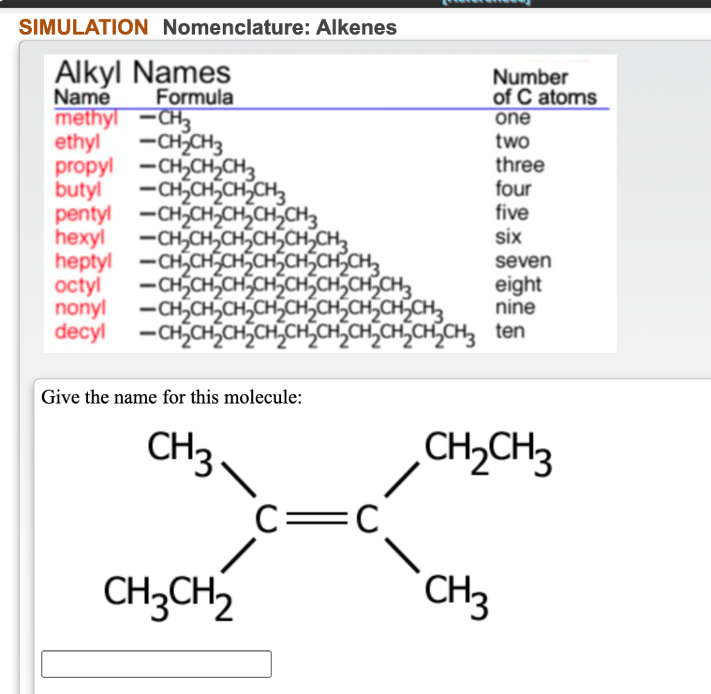 Solved SIMULATION Nomenclature: Alkenes Alkyl Names Number | Chegg.com