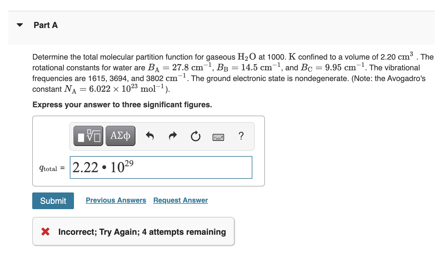 Solved Part A Determine the total molecular partition | Chegg.com