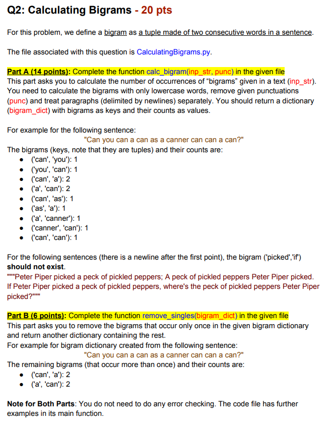 Solved Q2: Calculating Bigrams - 20 pts For this problem, we | Chegg.com
