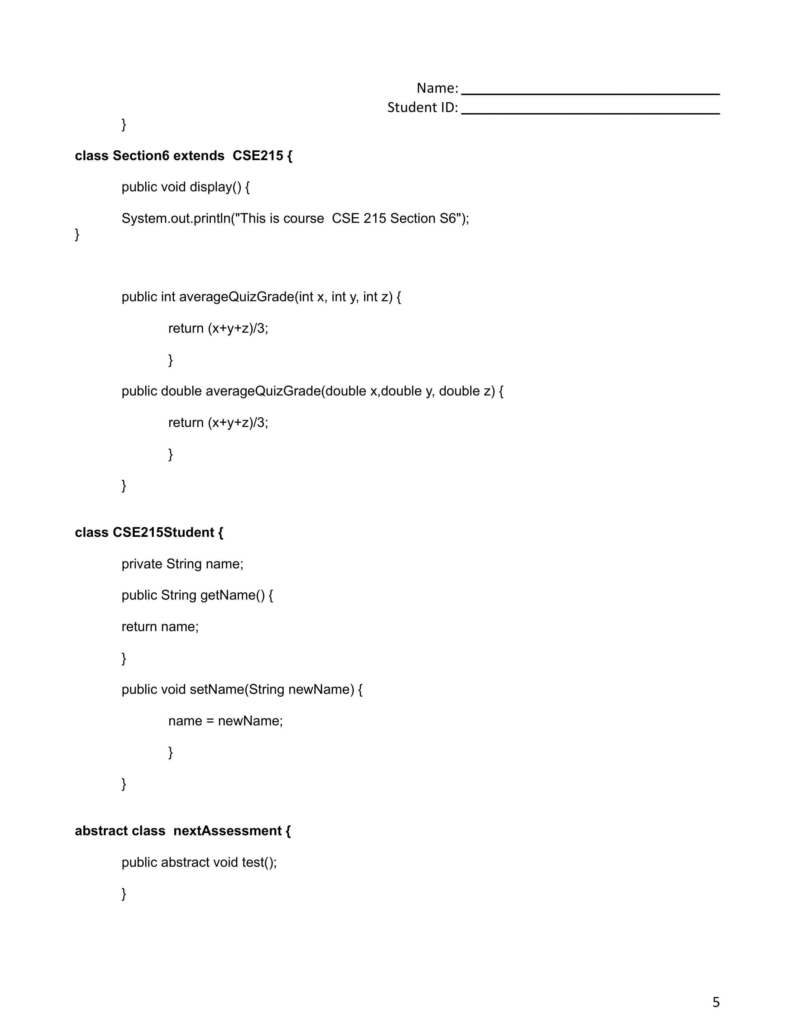 Name: Student ID: CSE 215: Programming Language II | Chegg.com