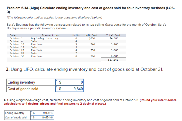 Solved Problem 6-1A (Algo) Calculate ending inventory and | Chegg.com Solved Problem 6-1A (Algo) Calculate ending inventory and | Chegg.com