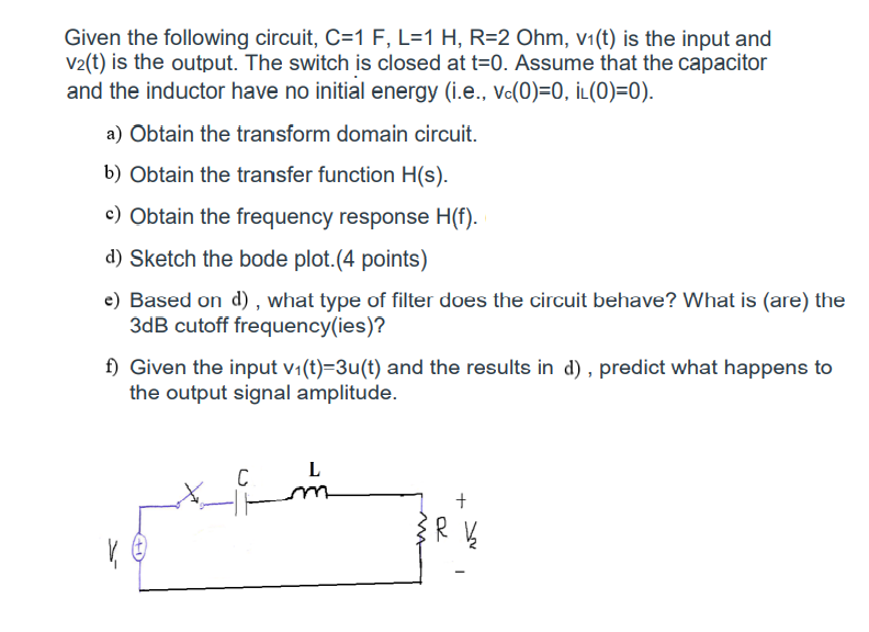 Solved Given the following circuit, C=1 F, L=1 H, R=2 Ohm, | Chegg.com