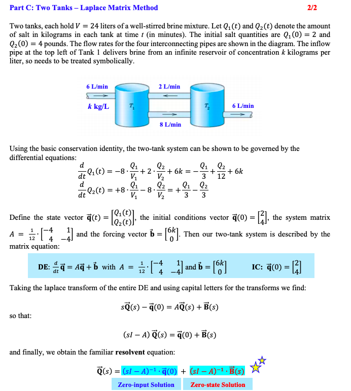 Solved Part C: Two Tanks - Laplace Matrix Method 2/2 Two | Chegg.com