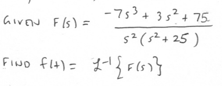 Solved OJ F(s)=s2(s2+25)−7s3+3s2+75Df(t)=L−1{F(s)} | Chegg.com